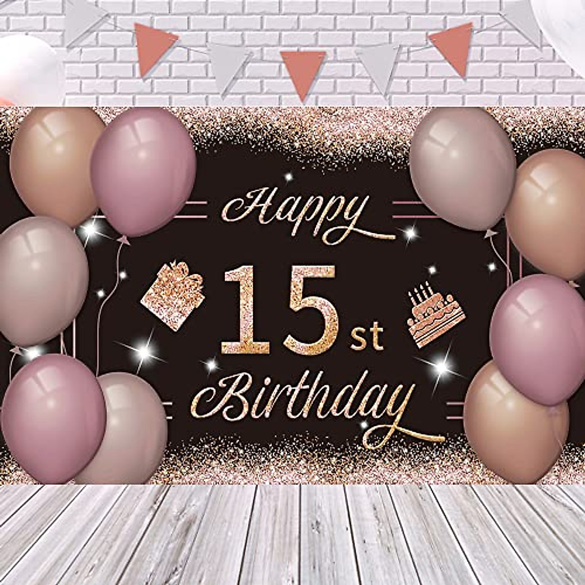 Happy 15st Birthday Backdrop Banner Black Pink 15th Sign Poster 15 Birthday Party Supplies for Anniversary Photo Booth Photography Background Birthday Party Decorations, 72.8 x 43.3 Inch