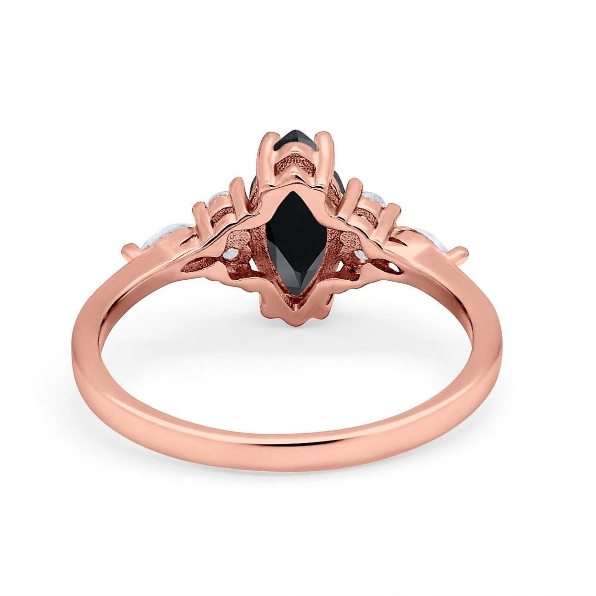 Blue Apple Co. Rose Tone, Simulated Black CZ Size-9 Art Deco Vintage Style Marquise Wedding Engagement Bridal Ring Round Simulated Cubic Zirconia 925 Sterling Silver