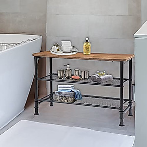 TEAKMAMA 3-Tier Shoe Bench, Shoe Rack, Shoe Shelf Storage Bench with Metal Mesh Shelves and Seat, Wood Free Standing Shoe Organizer for Entryway, Outdoor, Living Room