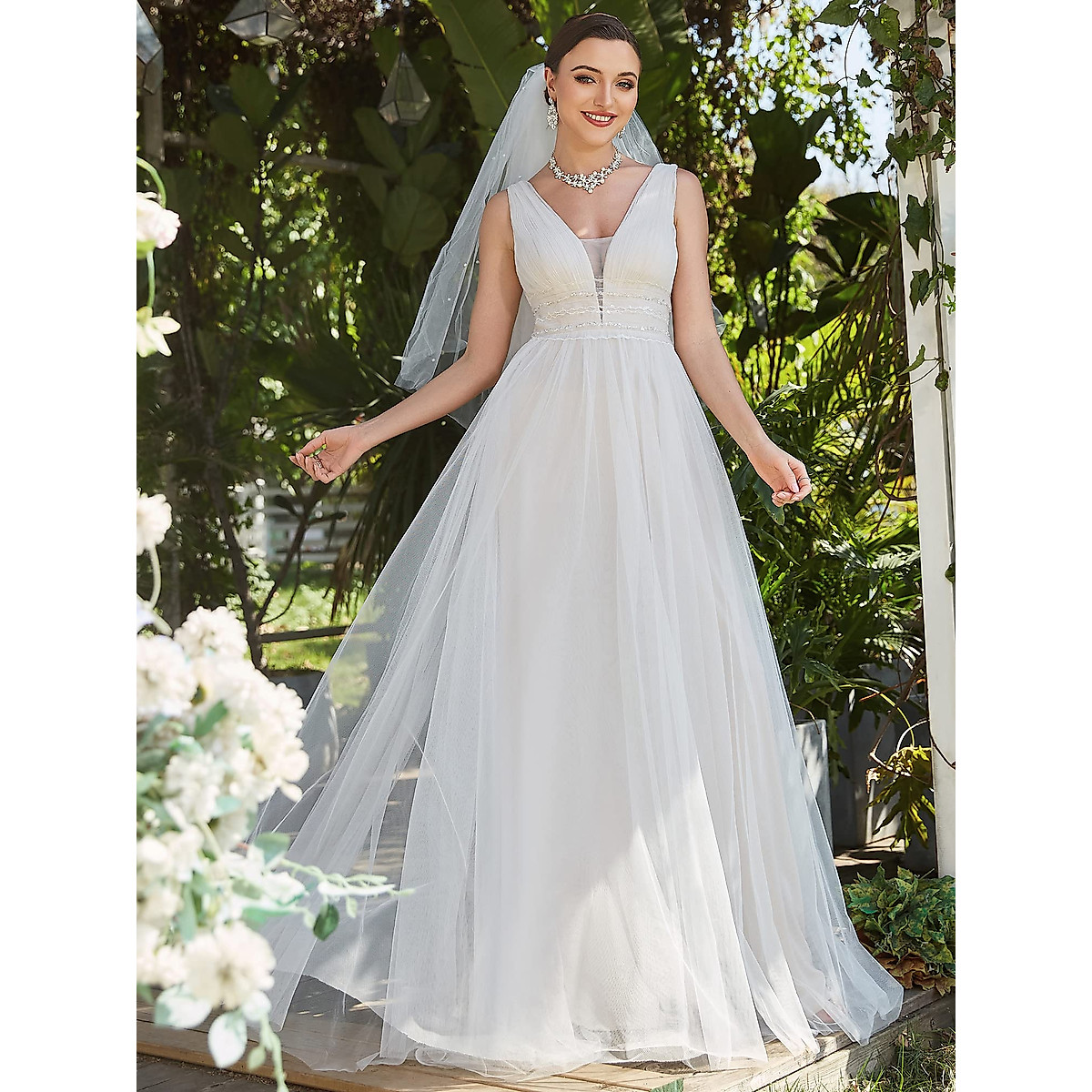 Ever-Pretty Women's Elegant Long Lace Sequin V-Neck Ruched Summer Beach Wedding Gowns for Women White US8