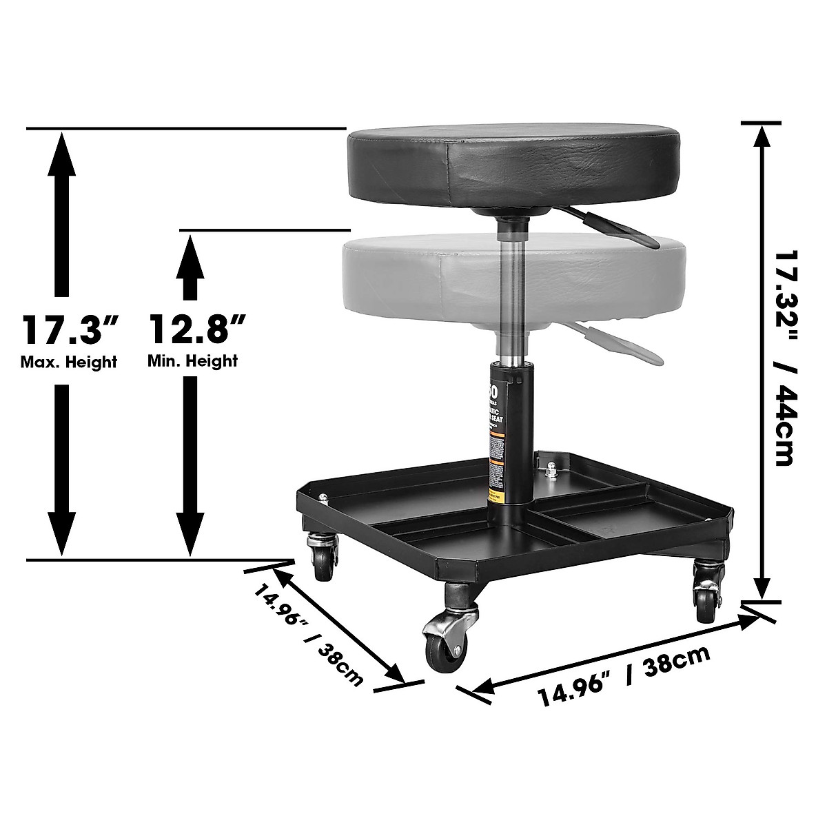Torin ATR6350B Rolling Pneumatic Creeper Garage/Shop Seat: Padded Adjustable Mechanic Stool with Tool Tray Storage, Black