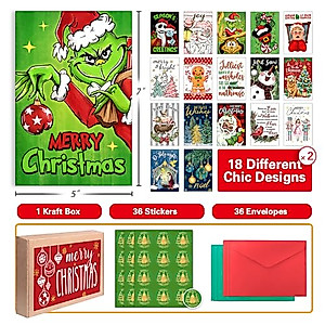 Auirre Christmas Cards Set-36 Pack Merry Christmas Greeting Cards Boxed Envelopes and Stickers for Sealing, 18 Assorted Designs Bulk Blank Cards Holiday Cards for Xmas 2025 New Years 5x7 Inch