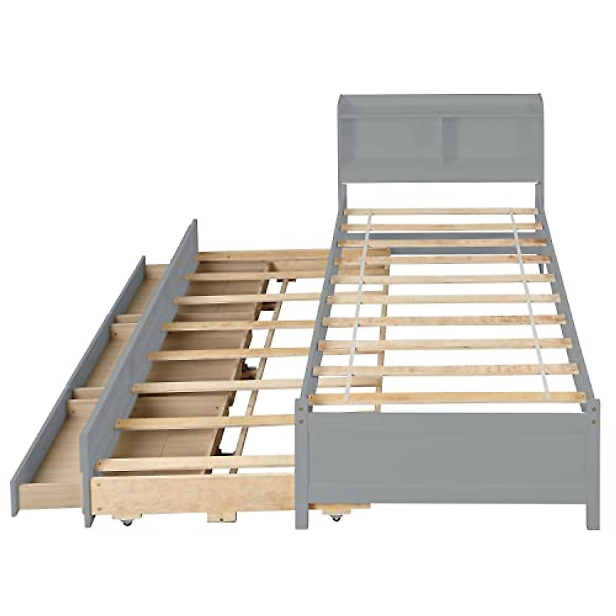 Harper & Bright Designs Twin Bed with Twin Size Trundle and Drawers, Solid Wood Platform Bed Frame with Bookcase Headboard for Kids Teens Adults (Twin Size, Gray)