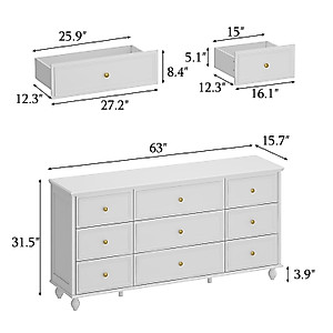 ROMSHINE White Bedroom Dresser with 9 Drawers, 63" Wide Dressers Chest of Drawers, Transitional Wood Dresser Long Drawer Organizer for Nursery Bedroom Living Room