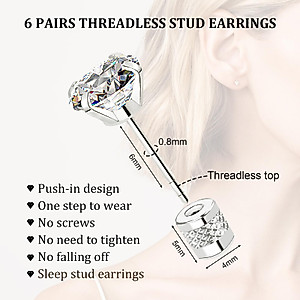 Threadless Flat Back Stud Earrings, 6 Pairs Titanium Hypoallergenic Earrings for Women Men, Cubic Zirconia Silver Gold Stud Earrings Surgical Stainless Steel Stud Earrings Set for Cartilage 2-8mm,