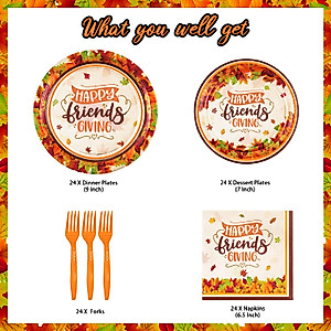 KORHONEN Friendsgiving Party Decorations, 96Pcs Thanksgiving Tableware Set Includes Friendsgiving Napkins Plates Forks, Friendsgiving Maple Leaves Party Supplies