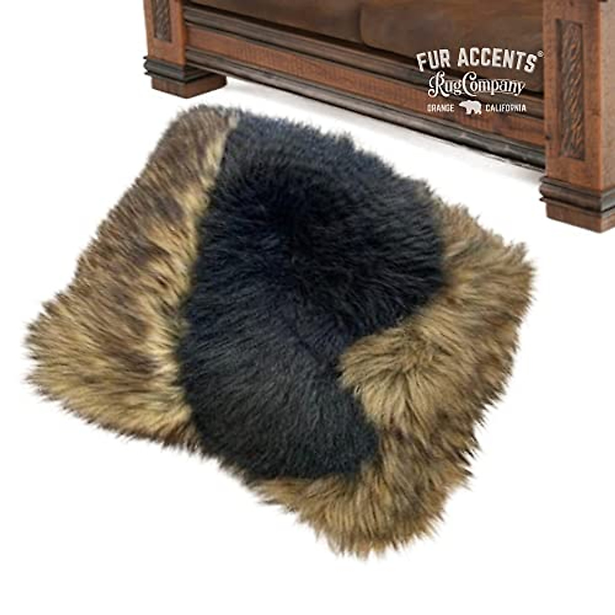 Fur Accents Shag Area Rug - Golden Brown Coyote, Wolf Edge, Dark Brown, White or Black Center - Luxury Soft Faux Fur Carpet - Sheepskin - Rectangle Accent Art Rug