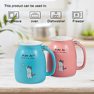 Feify Cute Cat Cup Ceramic Coffee Mug with Kawaii Cat Wooden Lid, Lovely Stainless Steel Spoon, Anime Kitty Thicken Wooden Coaster, Christmas Birthday Gift Cute Thing Japanese Mug 16oz (Pink)