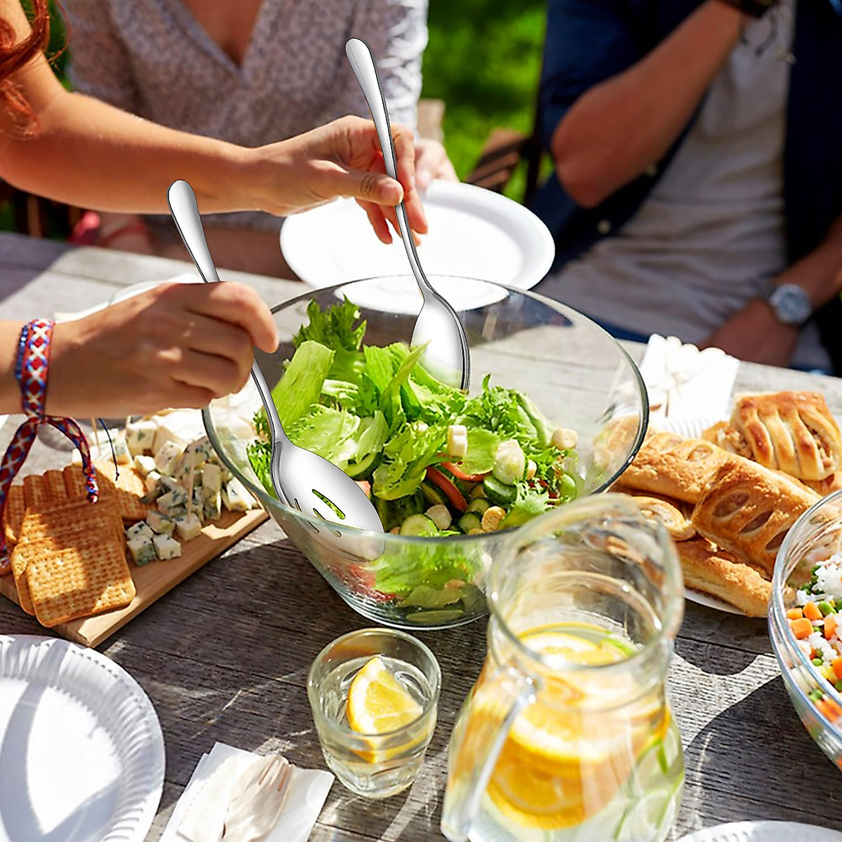 E-far Large Serving Utensils Set of 10, Stainless Steel Serving Spoon, Slotted Spoon, Fork, Tong, Cake Server and Butter Knife for Parties Buffet Banquet Kitchen, Mirror Finish & Dishwasher Safe