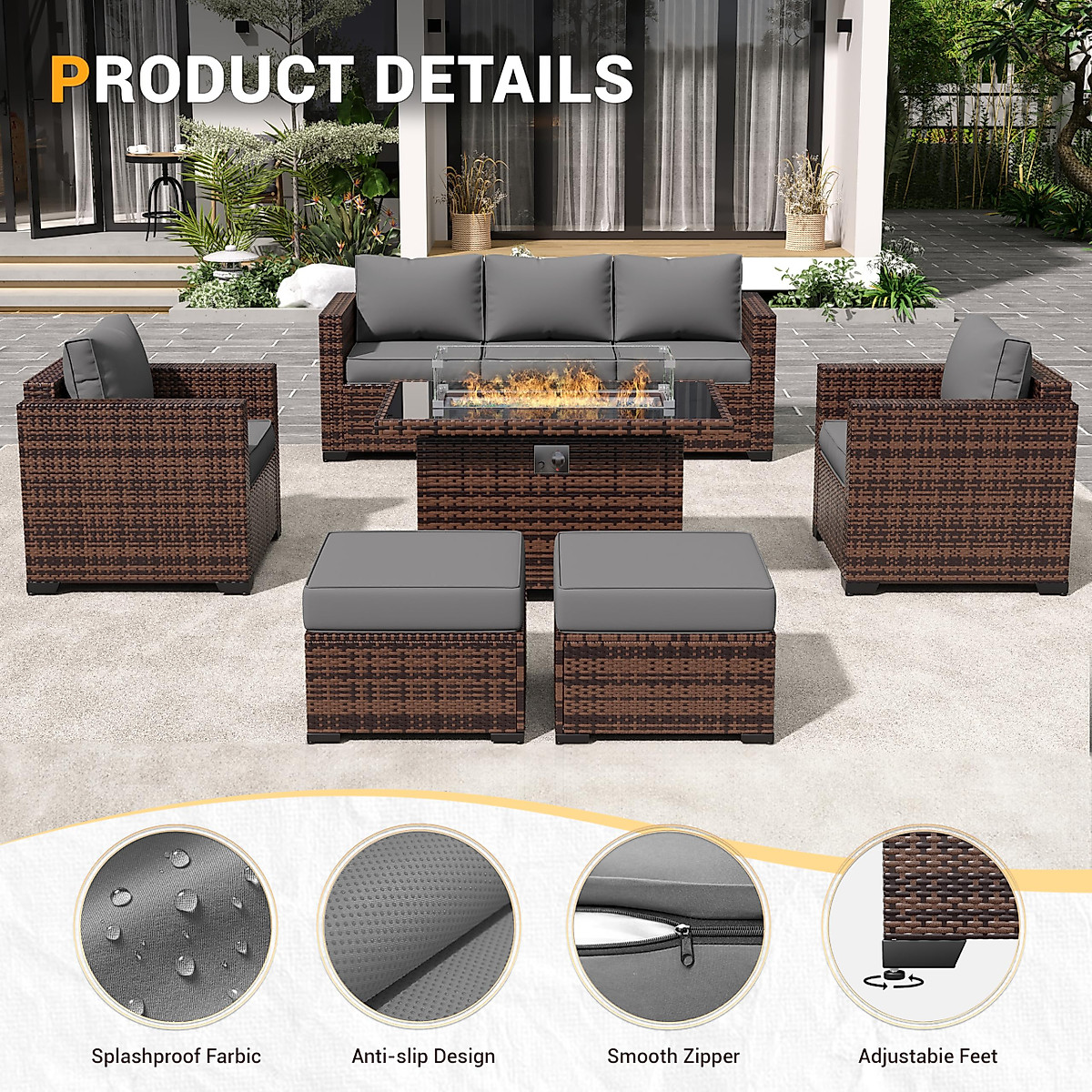 Amopatio Outdoor Patio Furniture Sets, 8 Pieces Wicker Patio Furniture, Outdoor Sectional Patio Couch Set with Ottoman, Outdoor Conversation Set with 44" Gas Fire Pit for Outside (Grey)