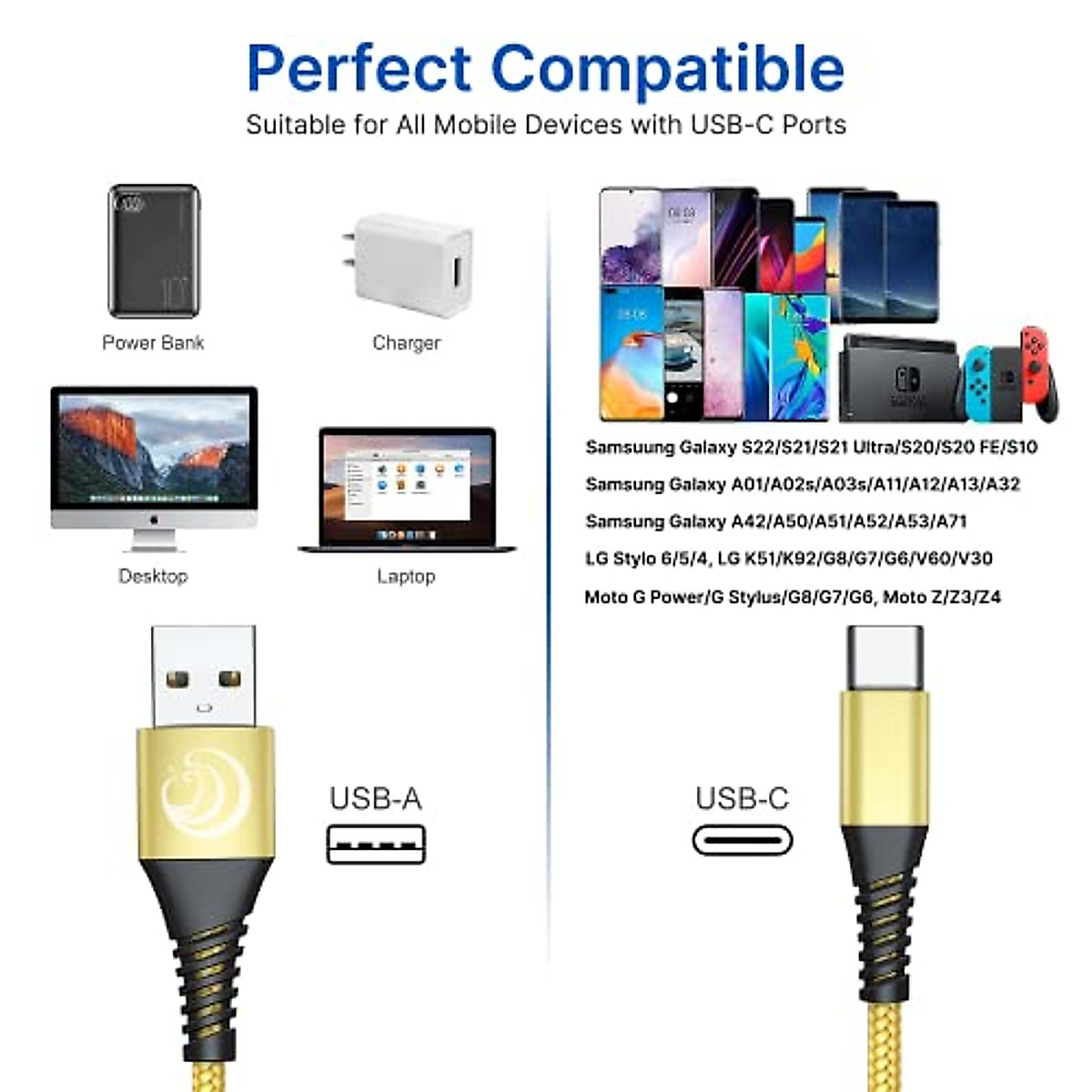 USB C Cable 10FT 3Pack Fast Charging Nylon Braided Long Type C Charger Cable Compatible with Samsung Galaxy S23 S22 S21 S10 S9 S8 A02s A03s A11 A12 A13 A20 A21 A32 A42 A53 Z Fold 4, Tablet, LG, Moto