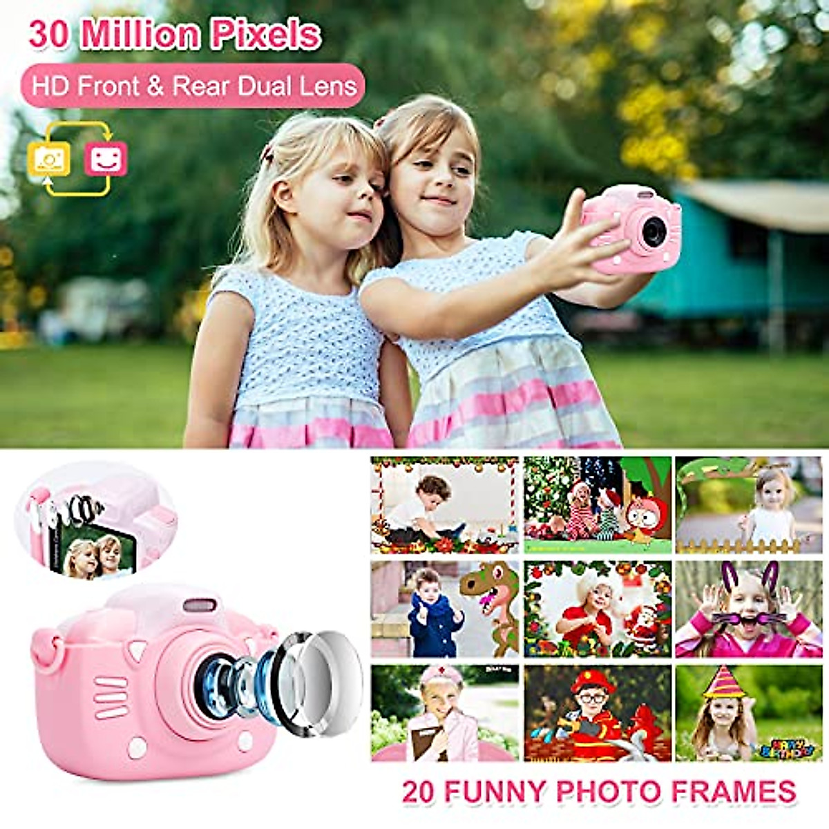 MINIBEAR Kids Camera for Girls 30MP Digital Camera for Kids Selfie Video Camera 2.4 Inch Screen Toddler Camera 3 4 5 6 7 8-10 12 Year Old Toddler Toys Camera Gifts for Girls Kids, 32GB TF Card, Pink