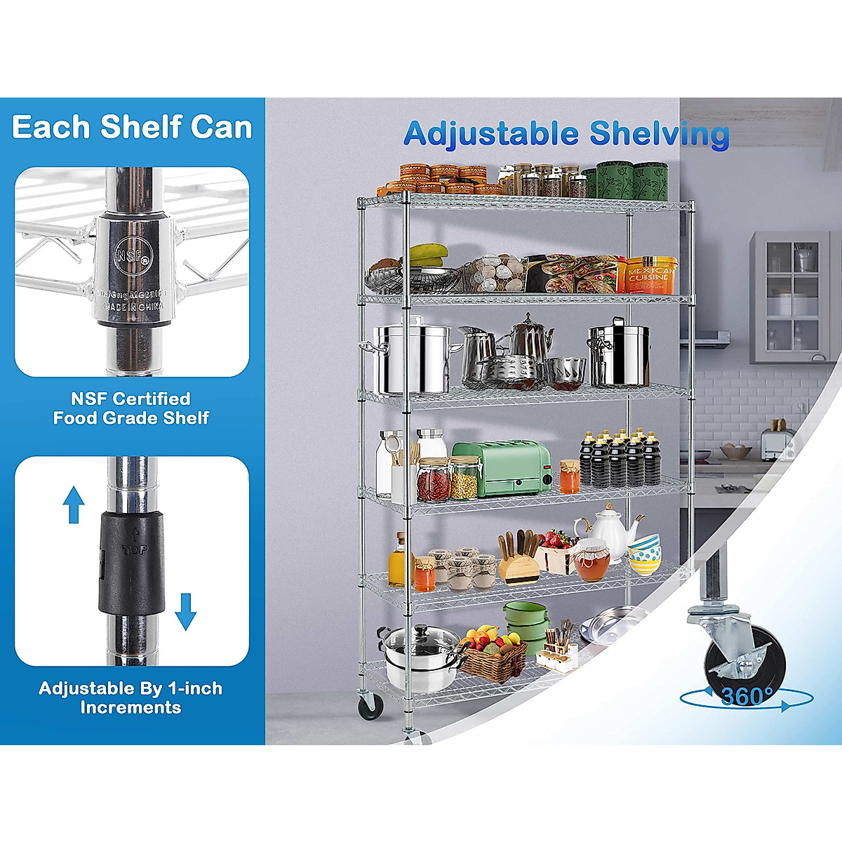 6000Lbs Capacity Metal Shelving Unit 6 Tier Adjustable Shelves for Storage Heavy Duty Commercial Grade Wire Shelf with Wheels & Feet 48" ×18" ×78" Storage Rack for Warehouse Garage Pantry Basement