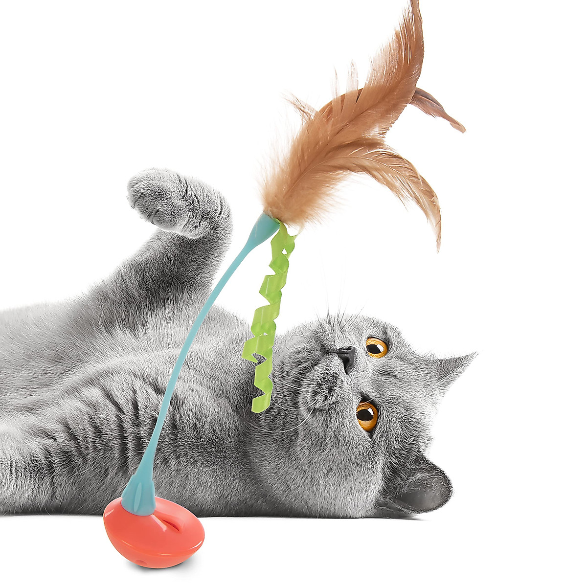 SmartyKat Instincts Rowdy Rocker Self-Righting Interactive Cat Toy w/Feathers & Ribbons - Orange/Blue, One Size