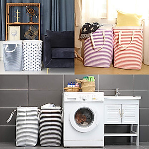 Sea Team 23.6" Large Size Canvas Fabric Laundry Hamper Collapsible Rectangular Storage Basket with Waterproof Coating Inner and Handles, Purple & White Stripe