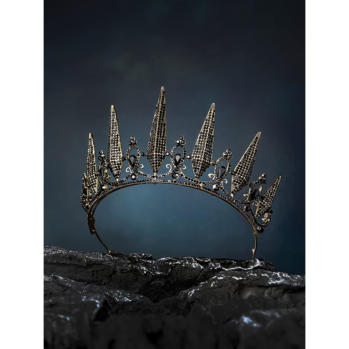SWEETV Gothic Crown Pageant Tiara for Women, Black Queen Tiaras and Crowns, Witch Costume Party Accessories for Wedding Halloween Prom