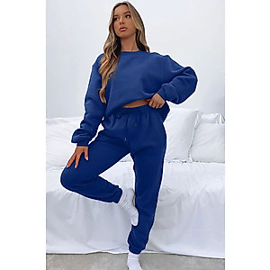 KANSOON Women Sweatsuits Sets Two Piece Outfits Long Sleeve Round Neck Top Sweatpants Tracksuits Sets Loungewear Blue M