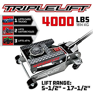Powerbuilt 2 Ton Triple Lift Floor Jack, Lifts Cars, Trucks, Motorcycles, ATV's, Transmissions, Tie-Down Loops, Locking Safety Bar - 620422E