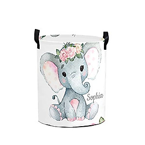 Pink Flower Elephant Laundry Basket Personalized Name Waterproof Laundry Hamper with Handles for Laundry Room Bathroom College