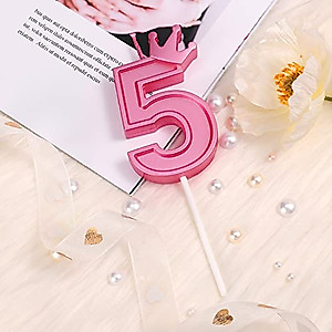3 Inch Birthday Number Candle, 3D Number Candle with Crown Decor Large Cake Topper Number Candles for Birthday Cakes Wedding Anniversary Graduation Festival Party (Pink, 5)