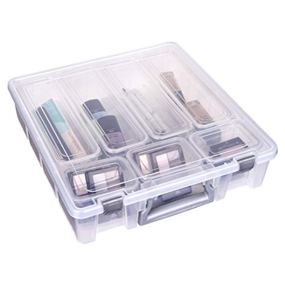 AB Designs 6967ABD Super Satchel with 9 Mixed Bins Inside Stackable Home Storage Organization Container, Clear with Sliver Latches and Handle, w/Long