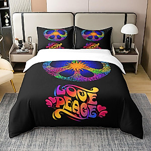 Hippie Peace Art Duvet Cover 100% Cotton Twin Size Peace Sign Artwork Bedding Cotton Duvet Cover Set for Bedroom The Art of Peace Bedding Set Colorful Comforter Cover Set Black Bedspread Cover