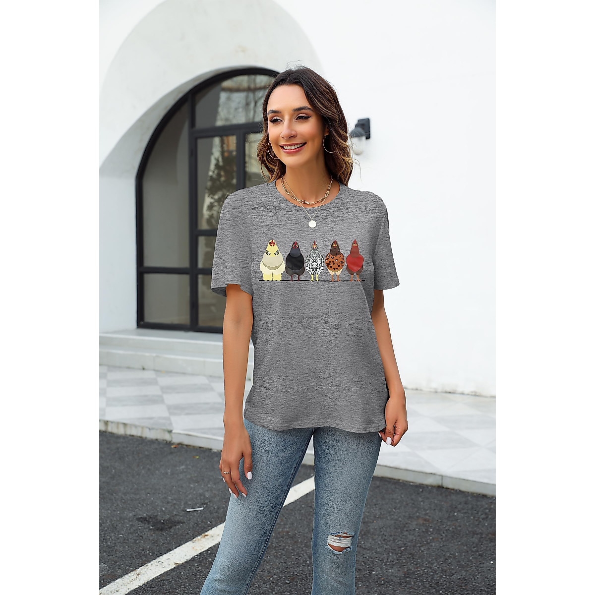 Chicken Tshirt Mom Cute T Shirts Womens Short Sleeves Farm Country Casual Tee Tops Gray