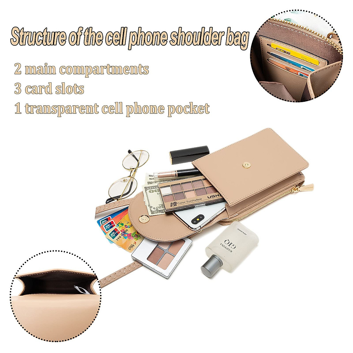 Skyearman Crossbody Cellphone Purse with Handle Womens Touch Screen Phone Bag Small Shoulder Purse for iPhone 1212 MiniXXR (Khaki)