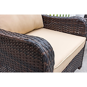 Gotland 3 Pieces Patio Swivel Rocker Wicker Chairs-Outdoor Swivel Rocking Chairs with 1 Rattan Coffee Table&2 Khaki Thickened Cushions Outdoor Furniture Conversation Sets