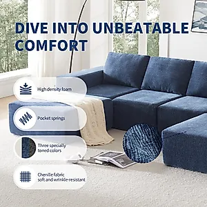 Merax 110”Oversized Sectional Sofa with Removable Ottomans, Navy 6 Seat U Shaped Sleeper Cloud Couch Set, Living Room Reversible Upholstered Sofabed for Apartment, No Assembly Required, Blue