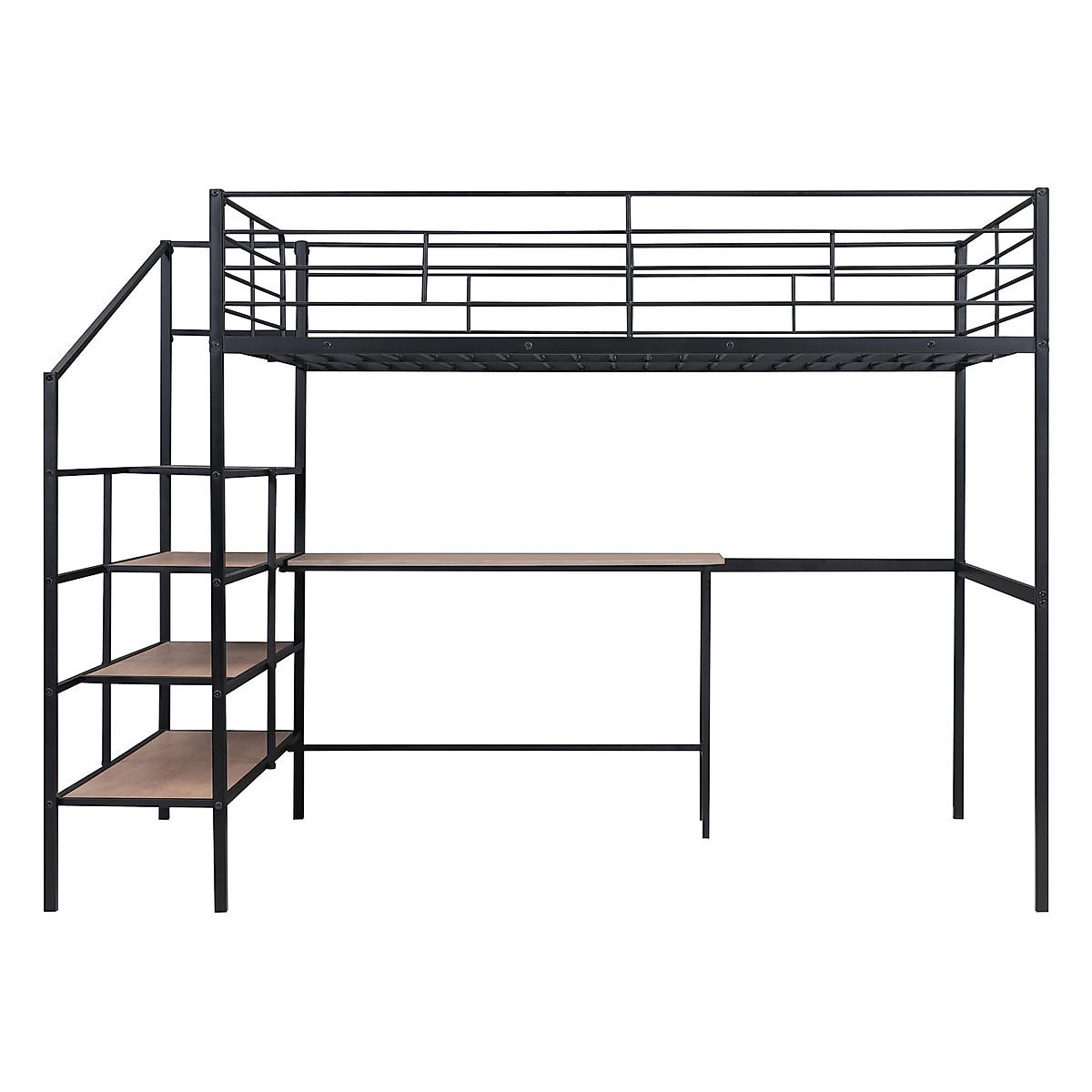 FANYHOME Full Size Metal Loft Bed with Desk and Metal Grid, Stylish Metal Frame Bed with Lateral Storage Ladder and Wardrobe loft Bed Twin Size with Desk (Black)