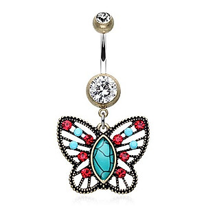 WildKlass Jewelry Vintage Butterfly Fliligree Belly Button Ring (Brass/Clear/Turquoise)