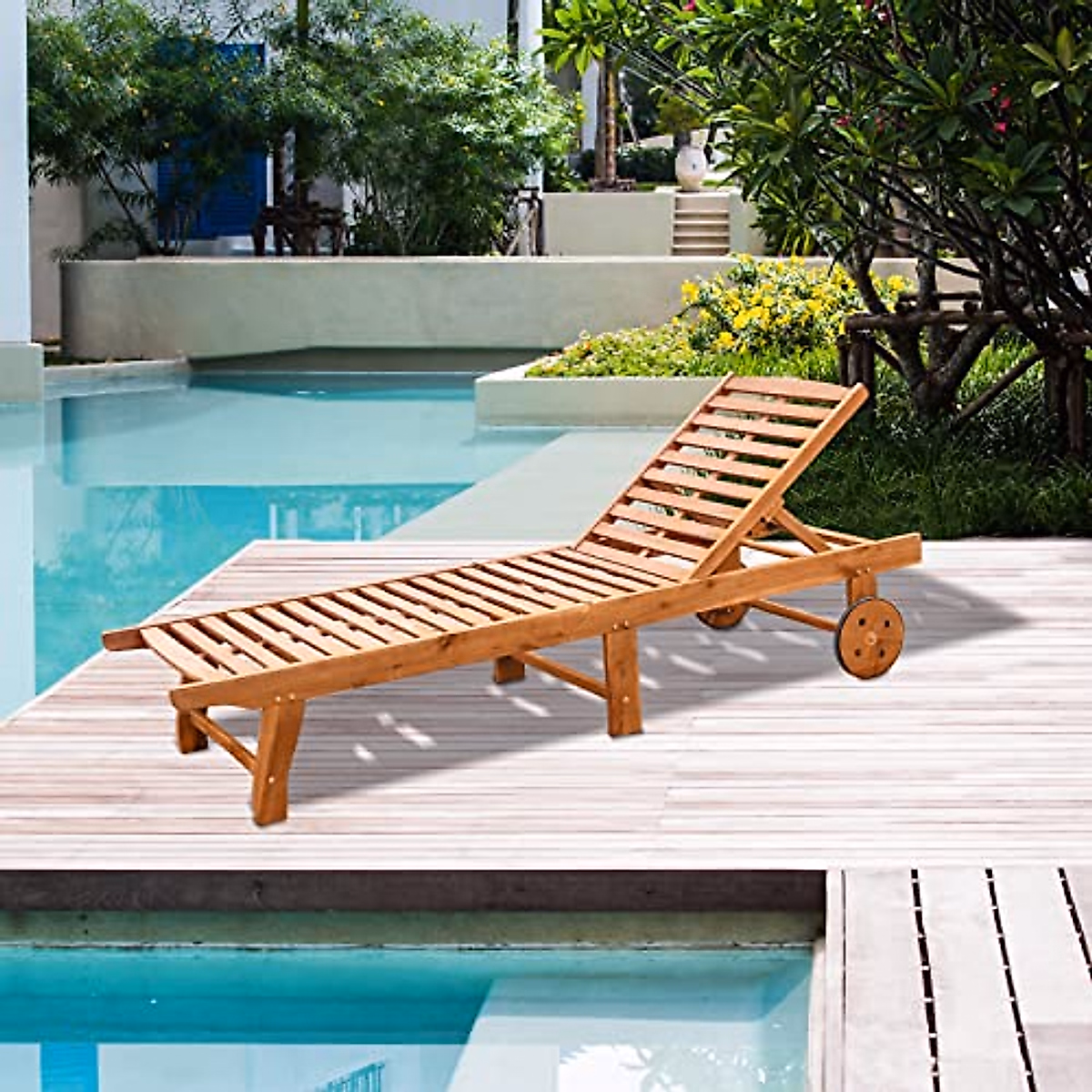 Outsunny Outdoor Folding Chaise Lounge Chair Recliner with Wheels, Acacia Wood Frame - Teak Color