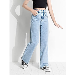 Romwe Girl's Vintage High Waisted Straight Leg Jeans Regular Fit Denim Pants Light Blue Light Wash 160