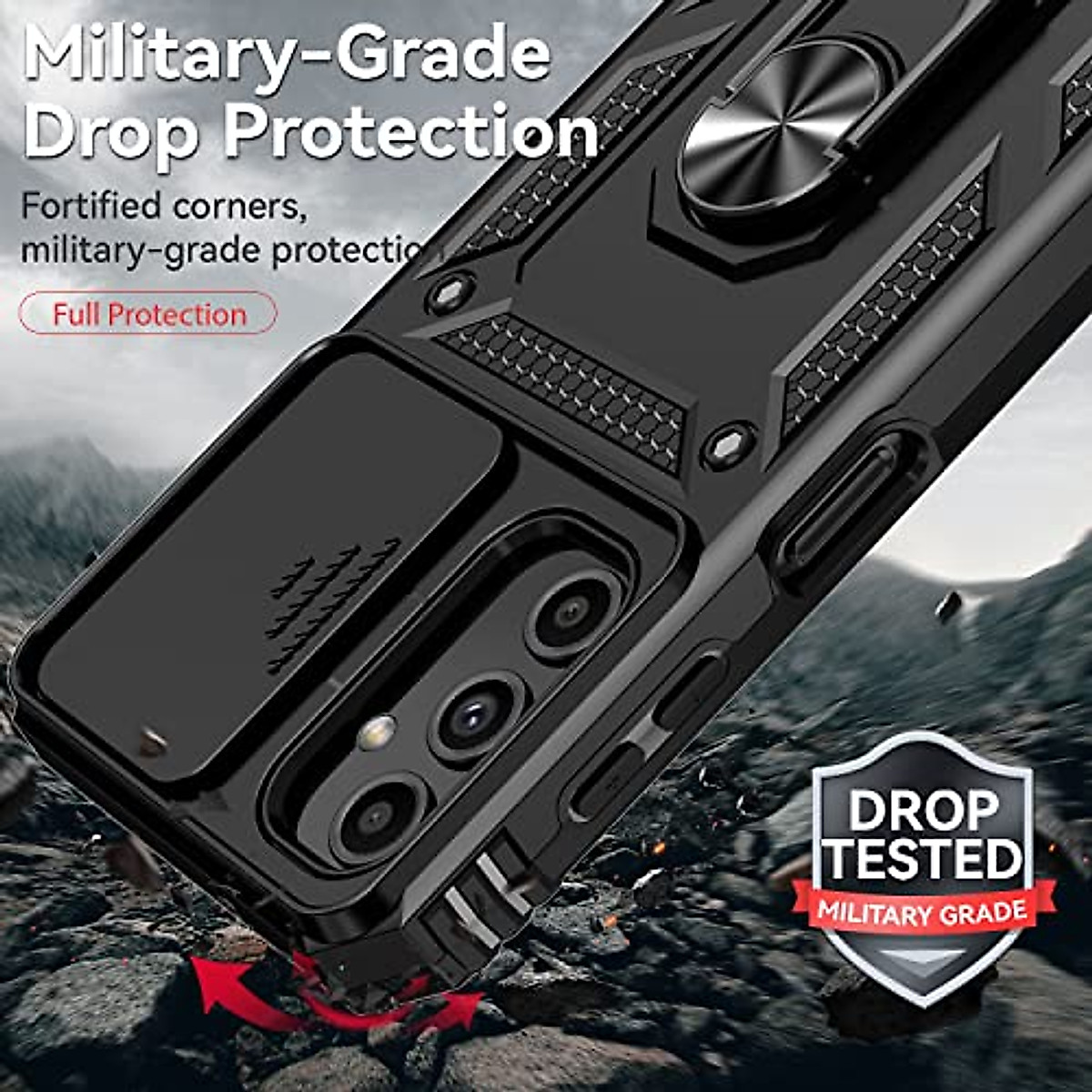 Meikobuly for Samsung Galaxy A14 5g Case - Shockproof Cases for A14 5G - Anti-Fall Drop Protection - Built-in Slide Anti-Scratch Camera Lens Cover - Integrated 360 Degree Rotating Kickstand,Black