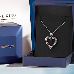 Gem Stone King 925 Sterling Silver Red Garnet and White Diamond Heart Shape Pendant Necklace For Women | 1.20 Cttw | Gemstone Birthstone | with 18 Inch Silver Chain