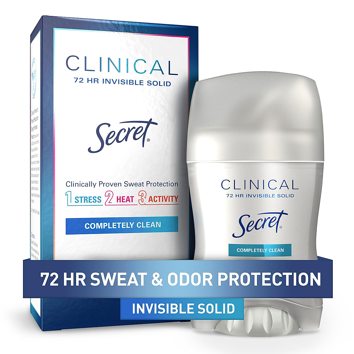 Secret Clinical Strength Antiperspirant Deodorant for Women, 3X Stress Protection, 72hr Sweat & Odor Protection, PH Balancing Minerals, Invisible Solid, Completely Clean Scent, 1.6 oz