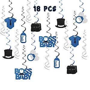 Maicaiffe Boss Boy Hanging Swirl Decorations - Glitter 18 Pcs Baby Shower Party Supplies - Boy Birthday - Welcome Baby Boy Streamers - Gender Reveal Party Foil Swirls Ceiling Decorations