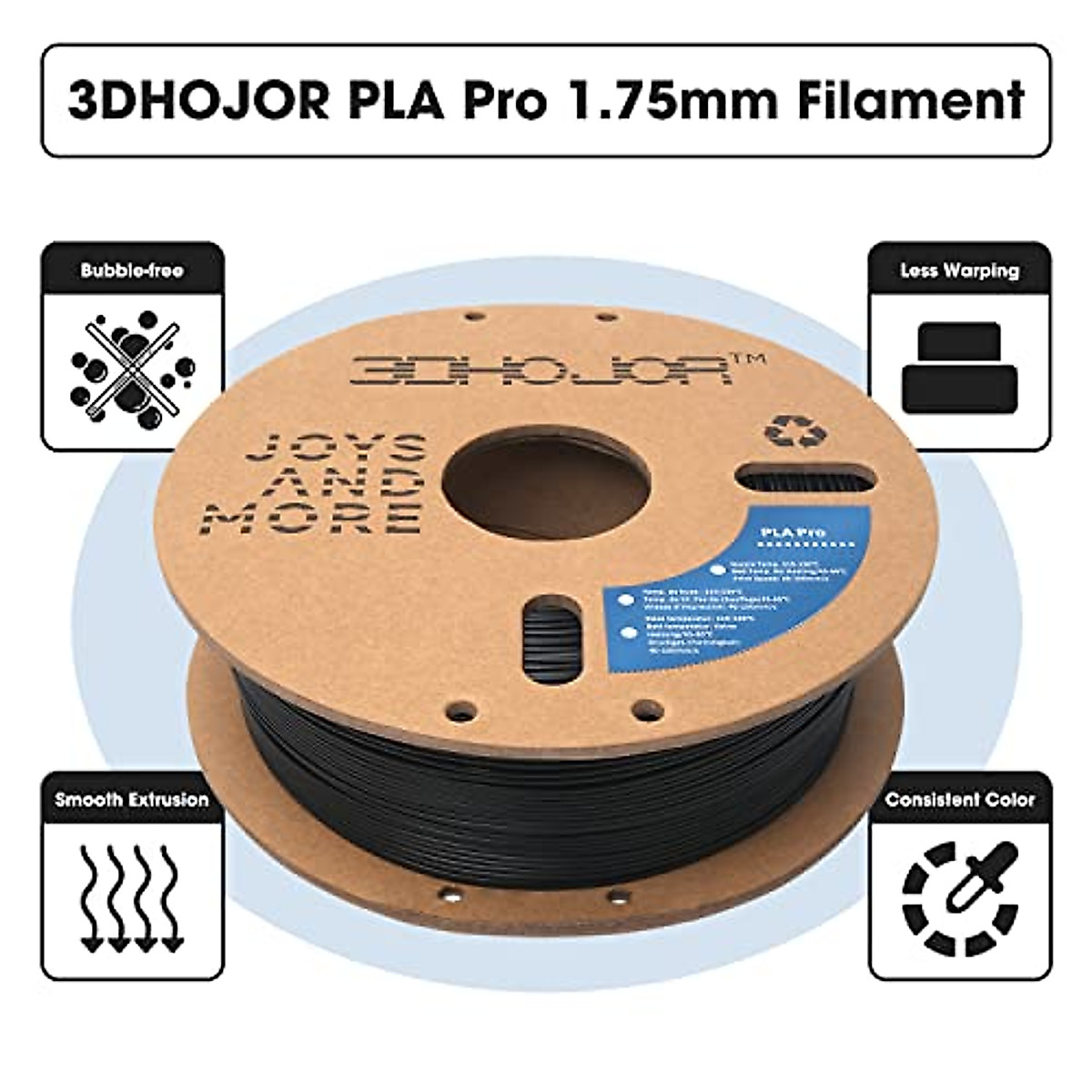 3DHoJor PLA Pro Filament 1.75mm (PLA Plus Black Filament), 1kg 3D Printer PLA Filament, PLA + 3D Printing Filament, Cardboard Spool, Dimensional Accuracy +/- 0.03 mm, Fit Most FDM 3D Printer