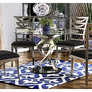 BOWERY HILL 48" Round Glass Top Modern Pedestal Base Dining Table in Chrome Satin