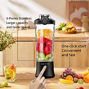 SEAINS Portable Blender, Personal Blender for Shakes and Smoothies with 20 Oz Travel Cup and Lid, Mini Personal Size Blender with 6 Blades and USB Rechargeable for Gym, Kitchen and Outdoors (Black)