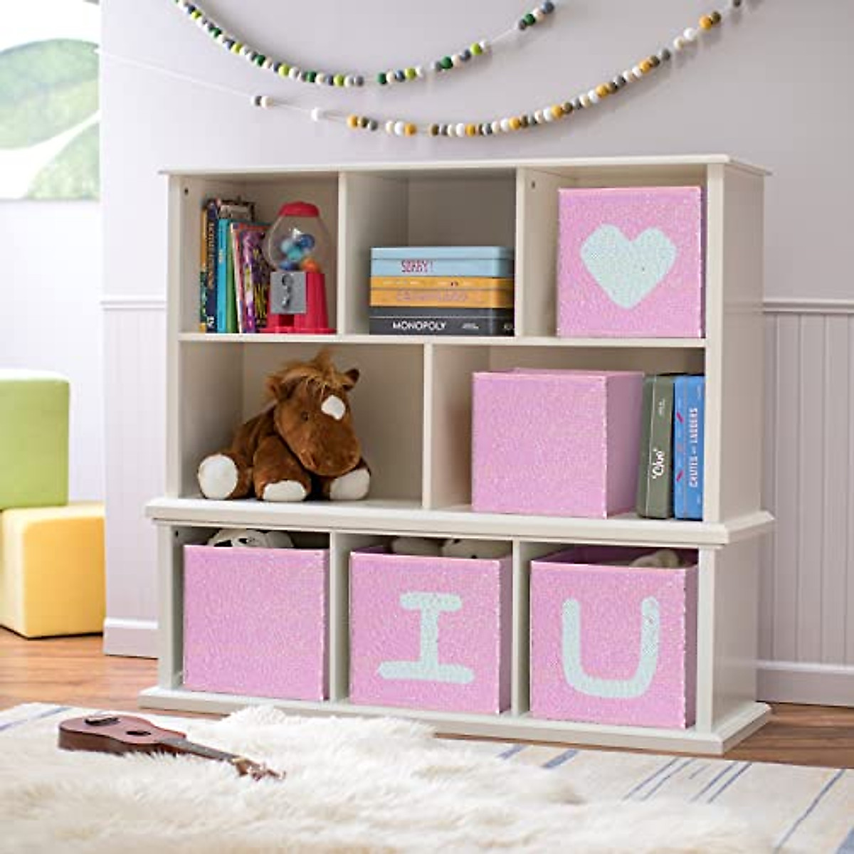 ELUCHANG Sequin Cube Storage Bins Organizer Container Foldable Fabric Closet Organizer Boxes Baskets for Shelves,Toys,Bedroom(4PCS,Pink)