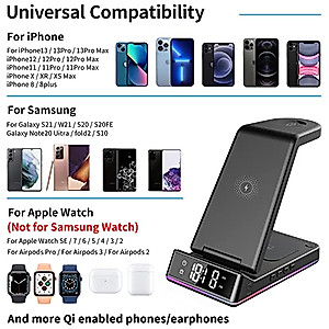 Wireless Charger with Clock/Alarm for Apple Charging Station, 3 in 1 Qi Fast Phone Multiple Devices Charger for Apple Watch 7/6/5/4/3/2/SE & AirPods 3/2/Pro & iPhone 14/13/12/11(Only for Apple Watch)