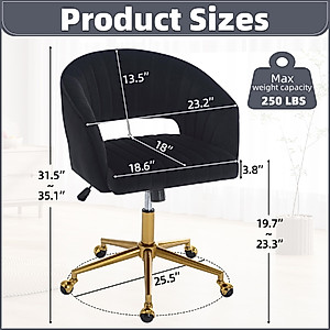 ABET Desk Chair with Wheels, Velvet Home Office Chair, Swivel Armchair Gold Base, Upholstered Modern Accent Chairs, Back Incline Adjustable for Living Room Bedroom Vanity, Black