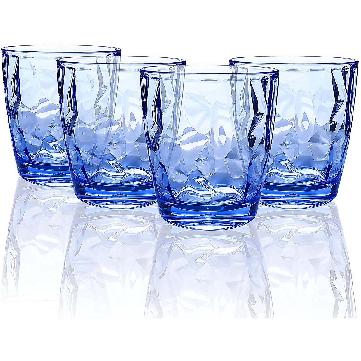 Topsky 10 oz Plastic Water Tumblers | Set of 4 Transparent Unbreakable Drinking Glasses Clear Acrylic Reusable Juice Wine Cups for Home Picnic Party, Dishwasher Safe, Stackable (Blue)