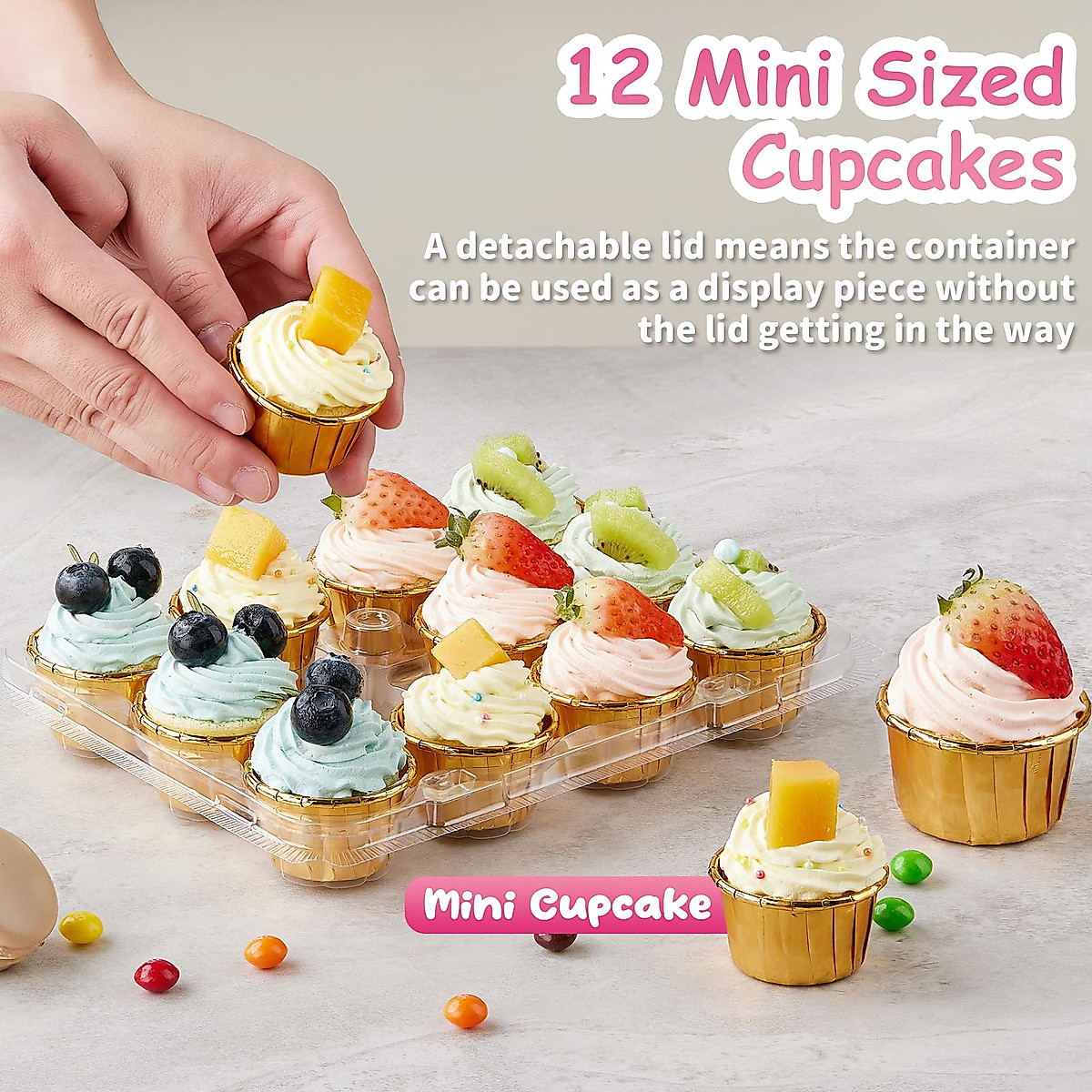 (12 Pack x 30 Sets) Gencywe Mini Cupcake Containers with 375 Pack Cupcake Liners, Plastic Cupcake Holder with High Dome, Stackable Mini Cupcake Boxes Carrier, Clear Disposable Cupcake Trays -MINI SIZE