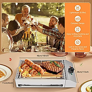 Fetcoi 1800W Electric Grills Outdoor Cooking, Stainless Steel Restaurant Grill BBQ Grills Indoor Grill Smokeless Griddle Barbecue Oven Grill Countertop with Extra-Large Drip Tray, 122-572° F