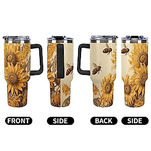 40 Oz Tumbler with Handle Bees And Sunflowers on Old Paper Stainless Steel Coffee Mug Reusable Travel Mug Leak-proof Insulated Car Cup Large Capacity Tumbler for Travel, Outdoor, Home Use (Black)