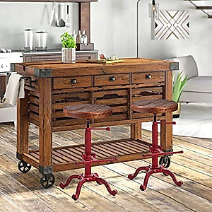 Topower Industrial Retro Vintage Farm Wooden Tractor Stool Kitchen Swivel Height Adjustable bar Stool (Antique Red)