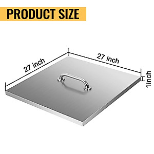 KODOM Fire Pit Burner Pan Cover 27 x 27 Inch, 430 Stainless Steel Fire Pit Cover, 1.5mm Thick Square Fire Pit Lid Fits Drop-in Fire Pit Pan